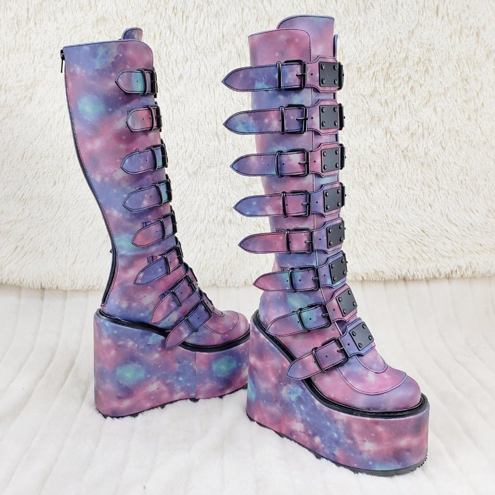 Swing Reflective Cosmic Goth Platform Knee Boots - Gem